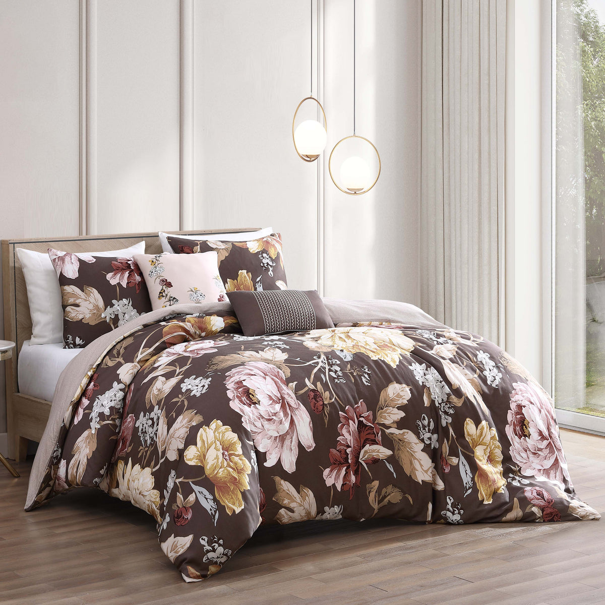 Floral Garden Mocha 100% Cotton Designer Print 5-Piece Comforter Set ...